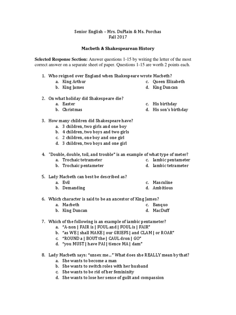 Macbeth Exam | PDF | Macbeth | William Shakespeare