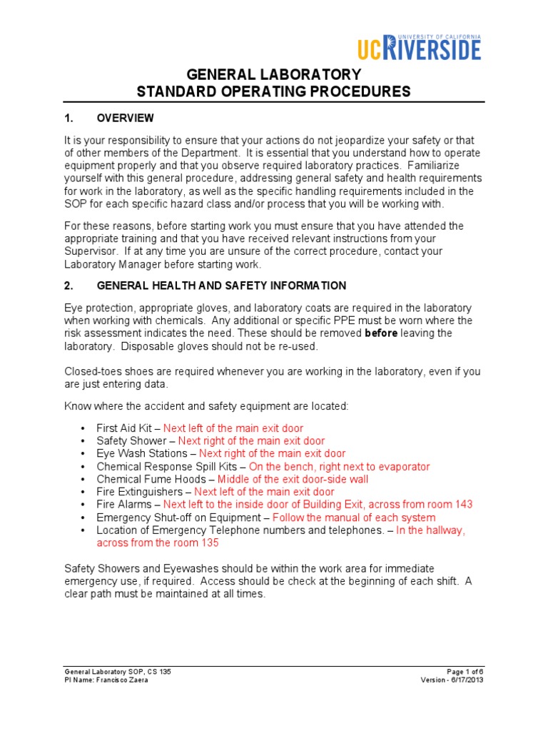 4 Sop General Lab 2013-07 | Laboratories | Personal Protective Equipment
