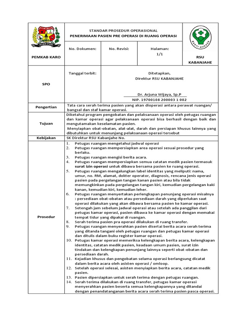 Sop Penerimaan Pasien Pre Operasi Diruang Operasi | PDF