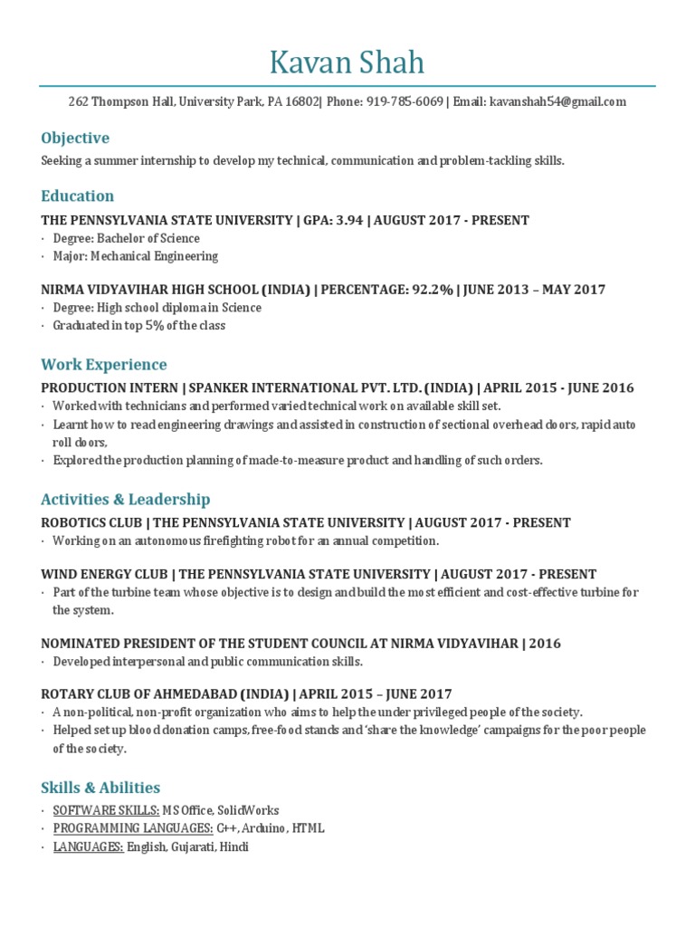 Kavan Shah Resume 1 | PDF | Learning | Engineering
