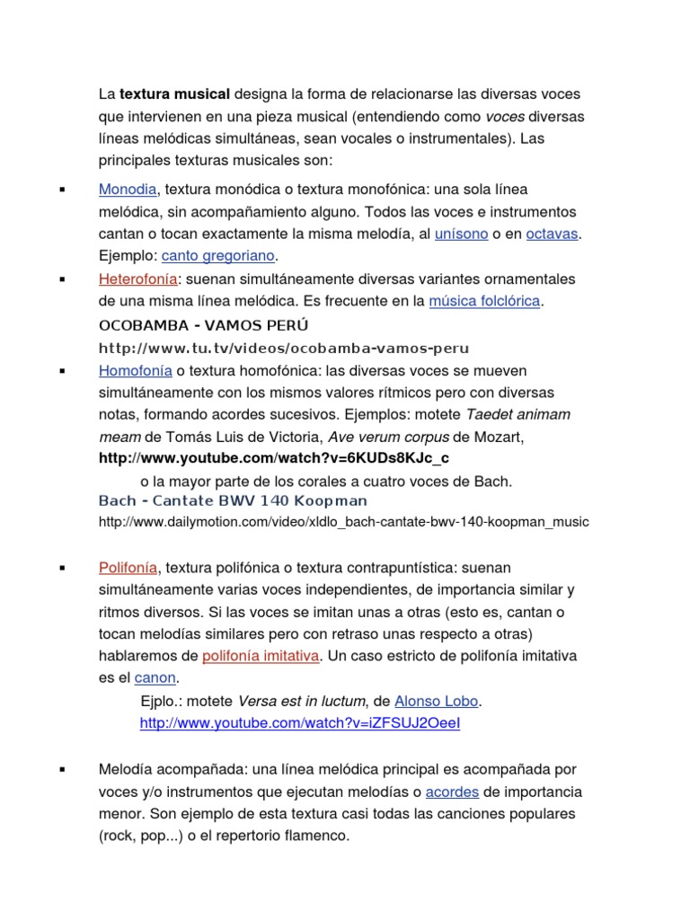 Las principales texturas musicales: monodia, heterofonía, homofonía ...