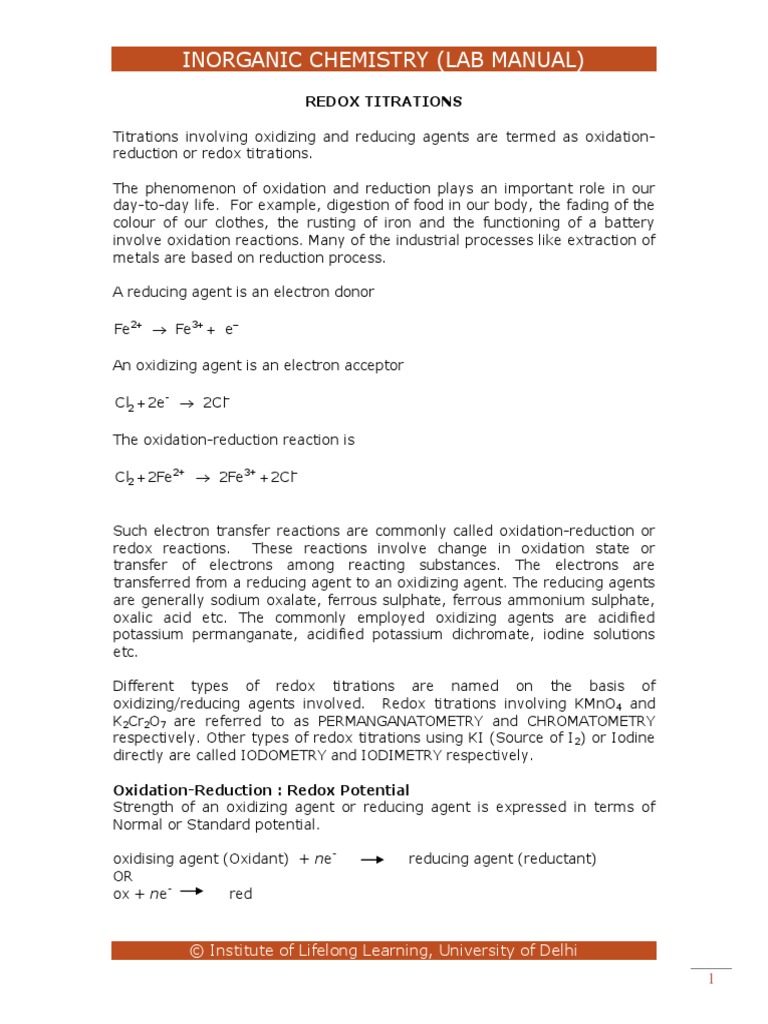 Inorganic Chemistry (Lab Manual) : Redox Titrations | PDF | Redox ...