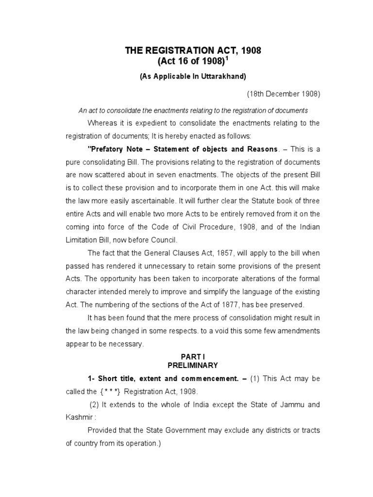 Registration Act 1908: Uttarakhand | PDF | Will And Testament ...