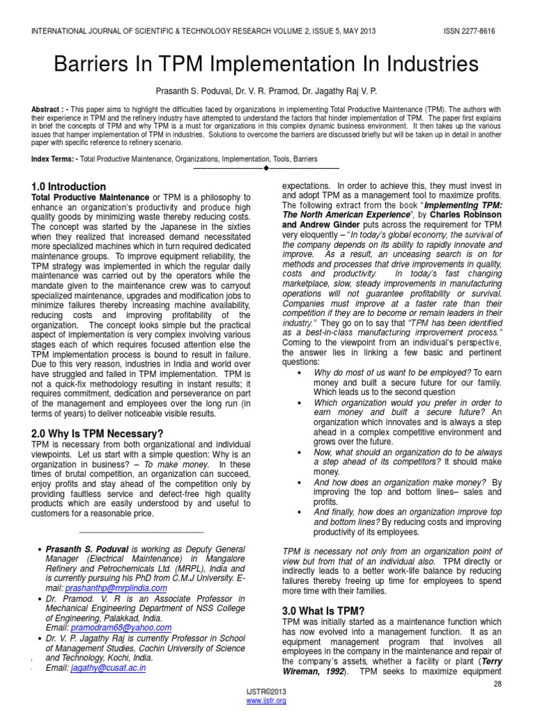 Barriers in TPM Implementation in Industries PDF | PDF | Employment | Reliability Engineering