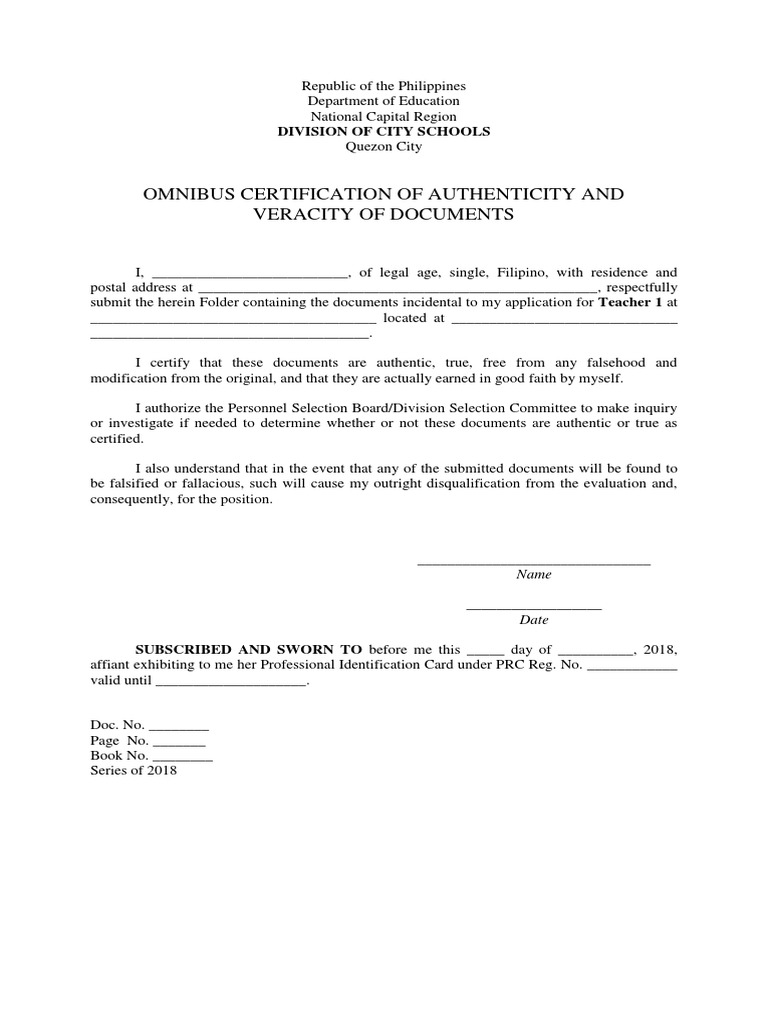 Omnibus Certification of Authenticity and Veracity of Documents