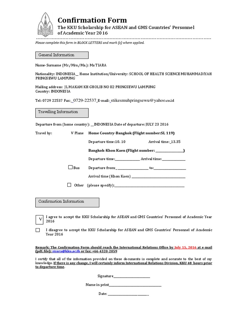 Confirmation Form: The KKU Scholarship For ASEAN and GMS Countries ...