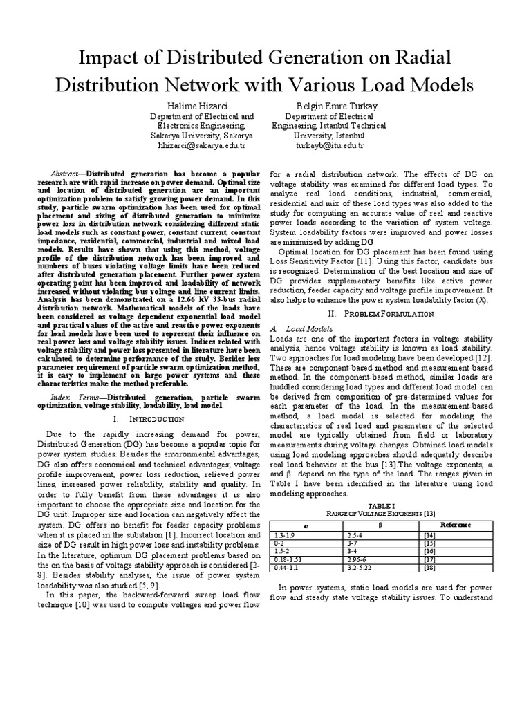 Impact of Distributed Generation On Radial Distribution Network With Various Load Models | PDF ...