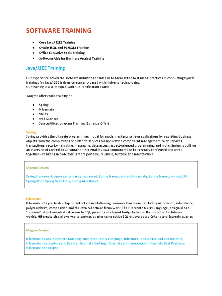 Software Training: Java/J2EE Training | PDF | Spring Framework | Pl/Sql