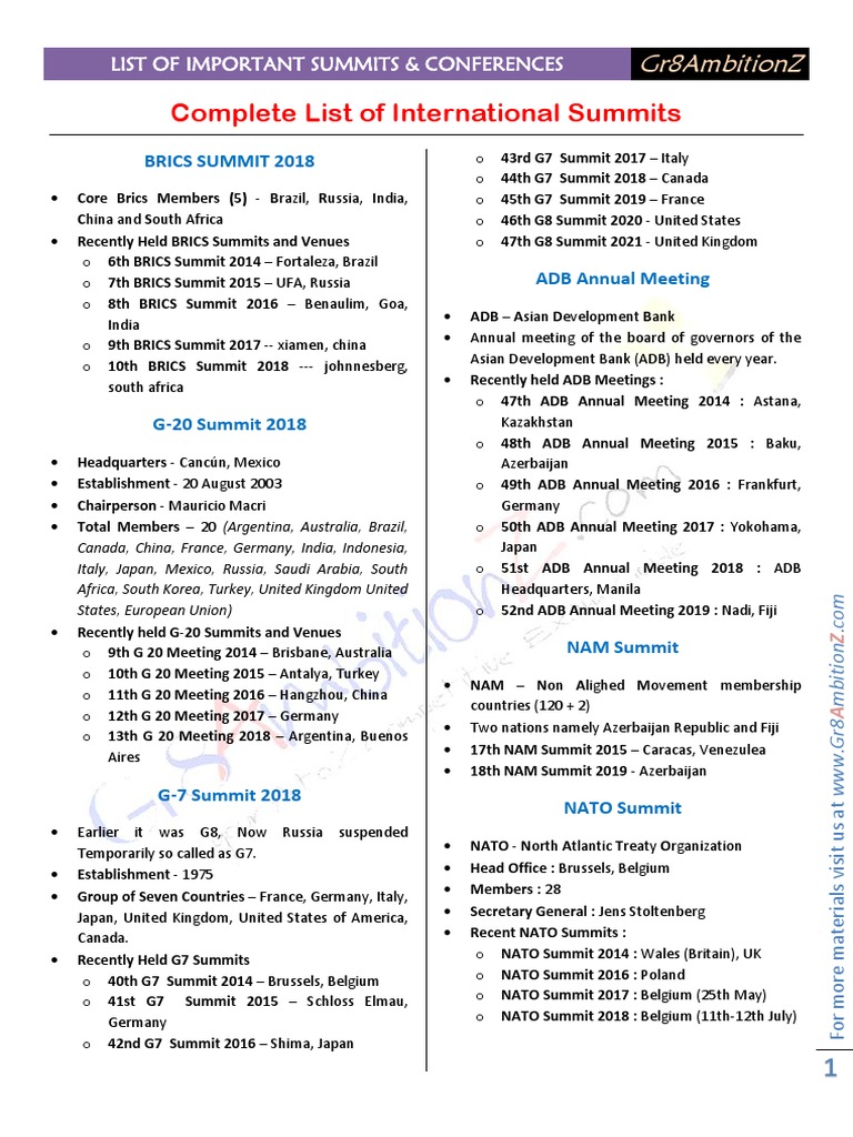 Complete List of Summits 2018 PDF | PDF | International Economic ...