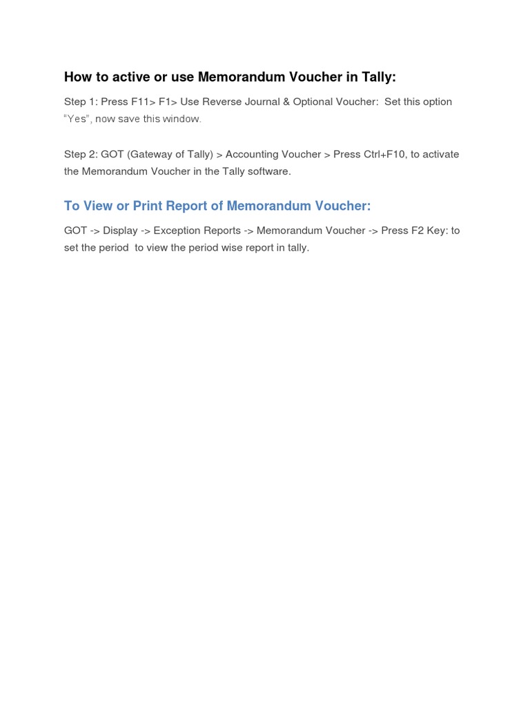 How To Active or Use Memorandum Voucher in Tally | PDF