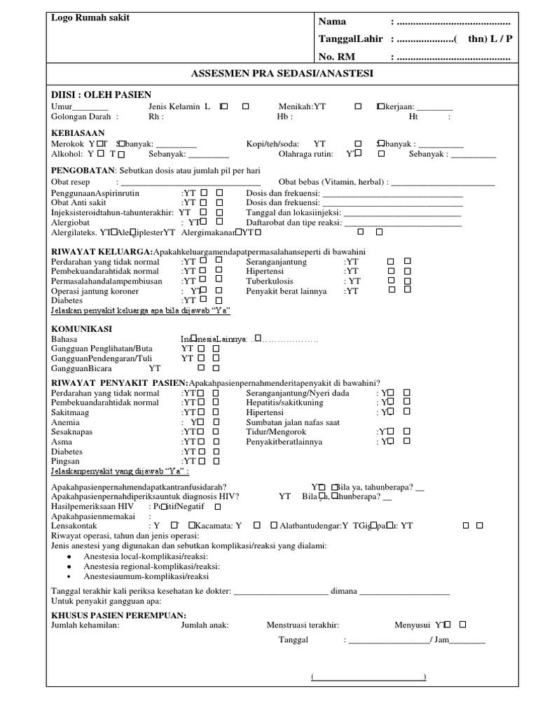 Form Asesmen Pra Anastesi | PDF | Pengembangan Diri | Kesehatan Holistik