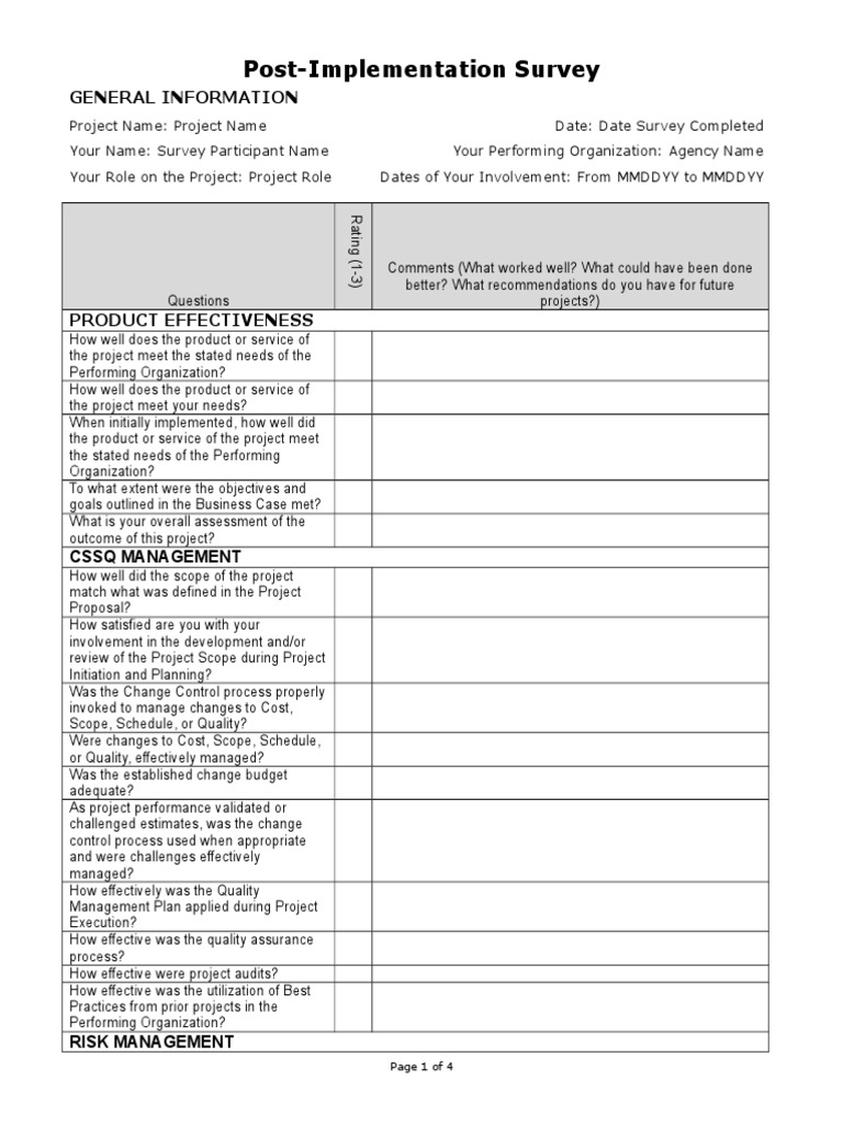 Post Implementation Survey Template | PDF | Risk Management | Change ...