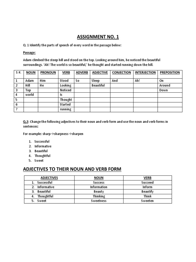 Assignment Parts of Speech | PDF | Noun | Adjective