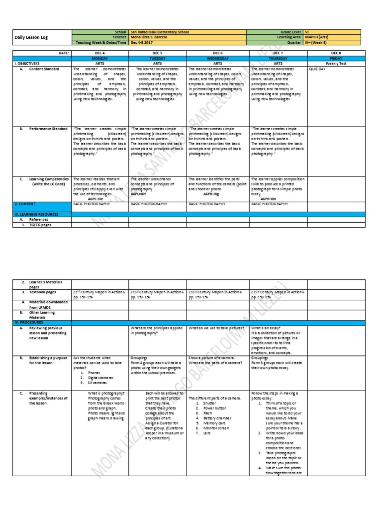 Grade 6 Basic Photography Lesson Plan | PDF | Camera | Essays