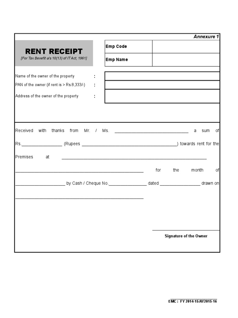Rent Receipt Excel Format For India | PDF