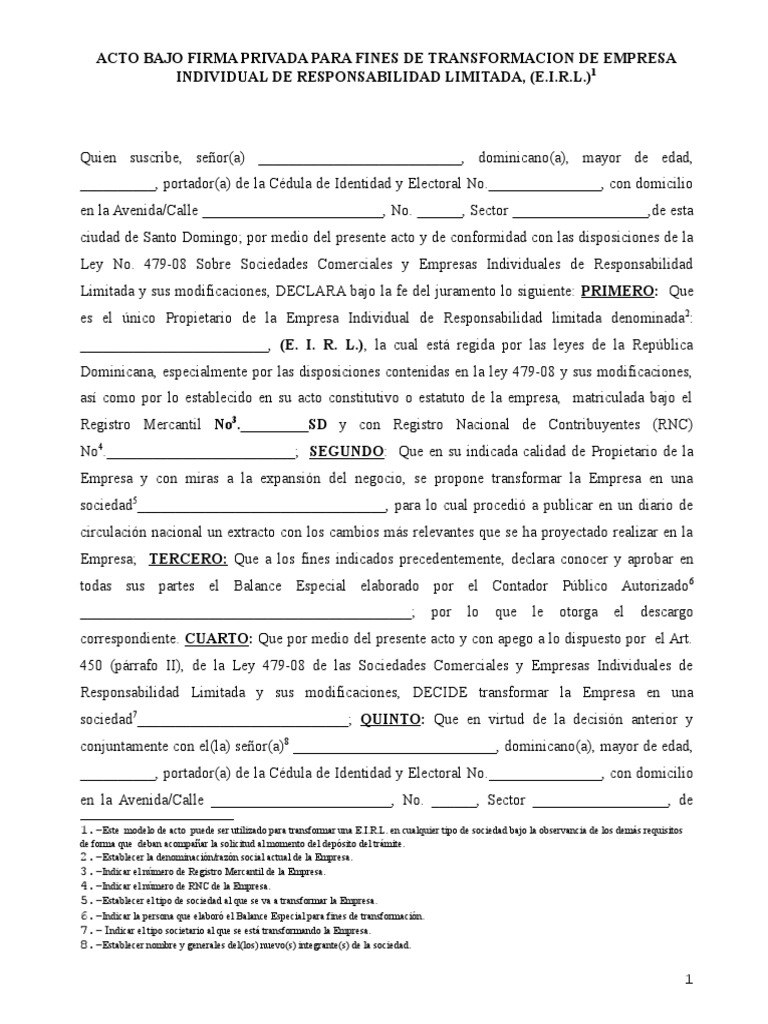 Acto Bajo Firma Privada para Transformacion de Eirl | PDF | Gobierno ...