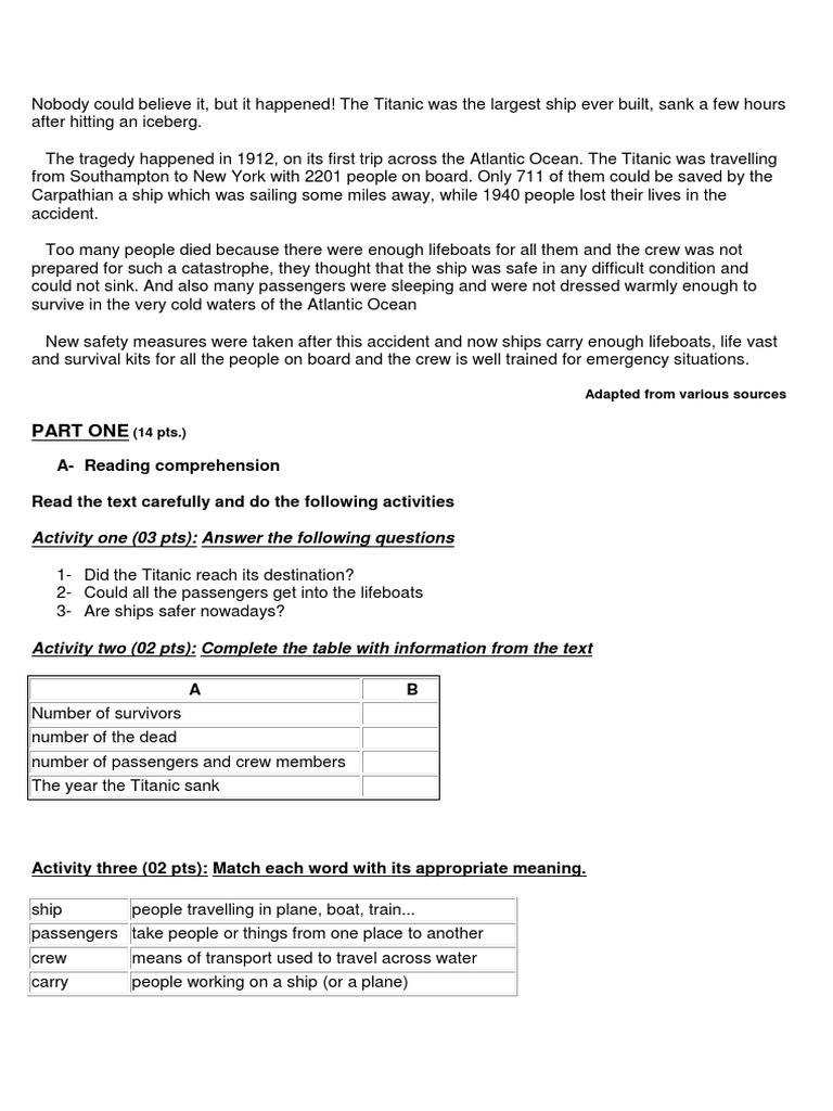 Part One: A-Reading Comprehension Read The Text Carefully and Do The ...