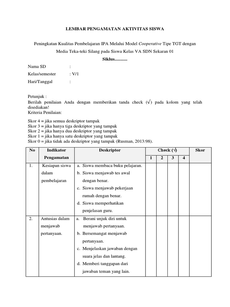 Lembar Pengamatan Aktivitas Siswa | PDF