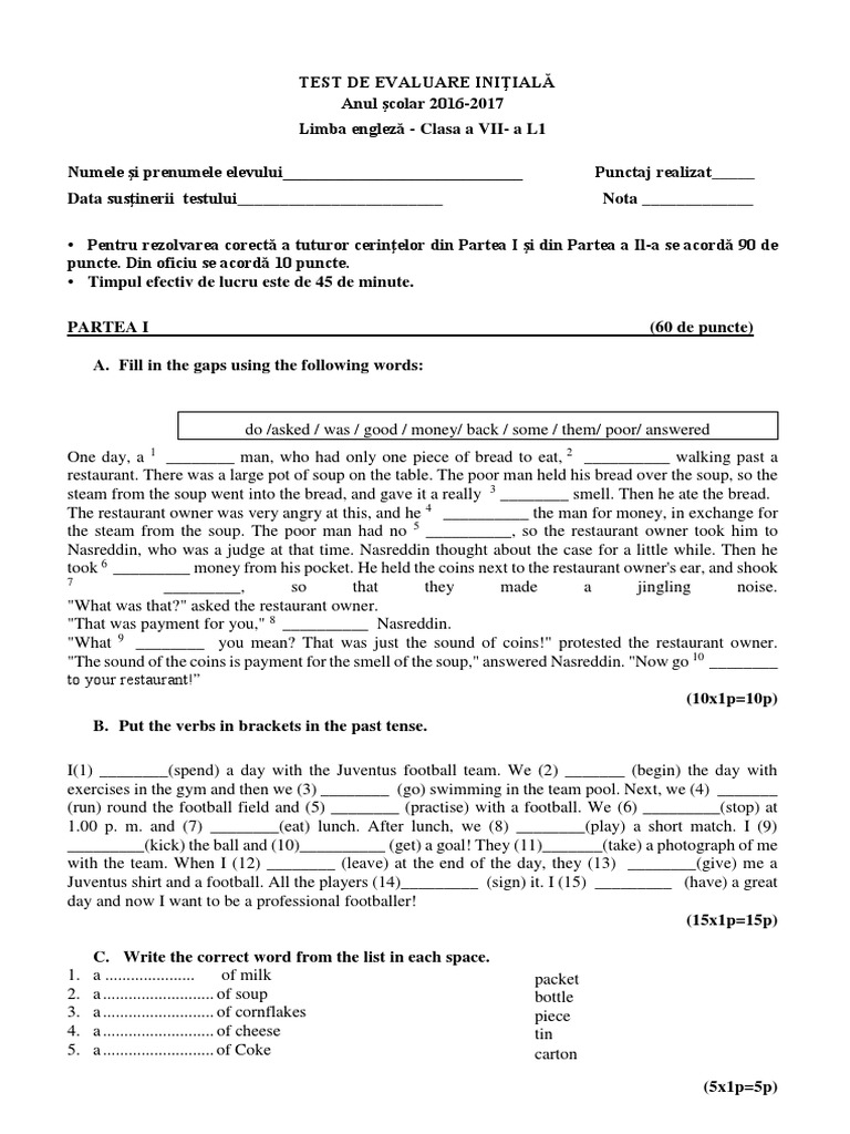 Test Evaluare Clasa A 7 Initial | PDF | Languages | Language Arts ...