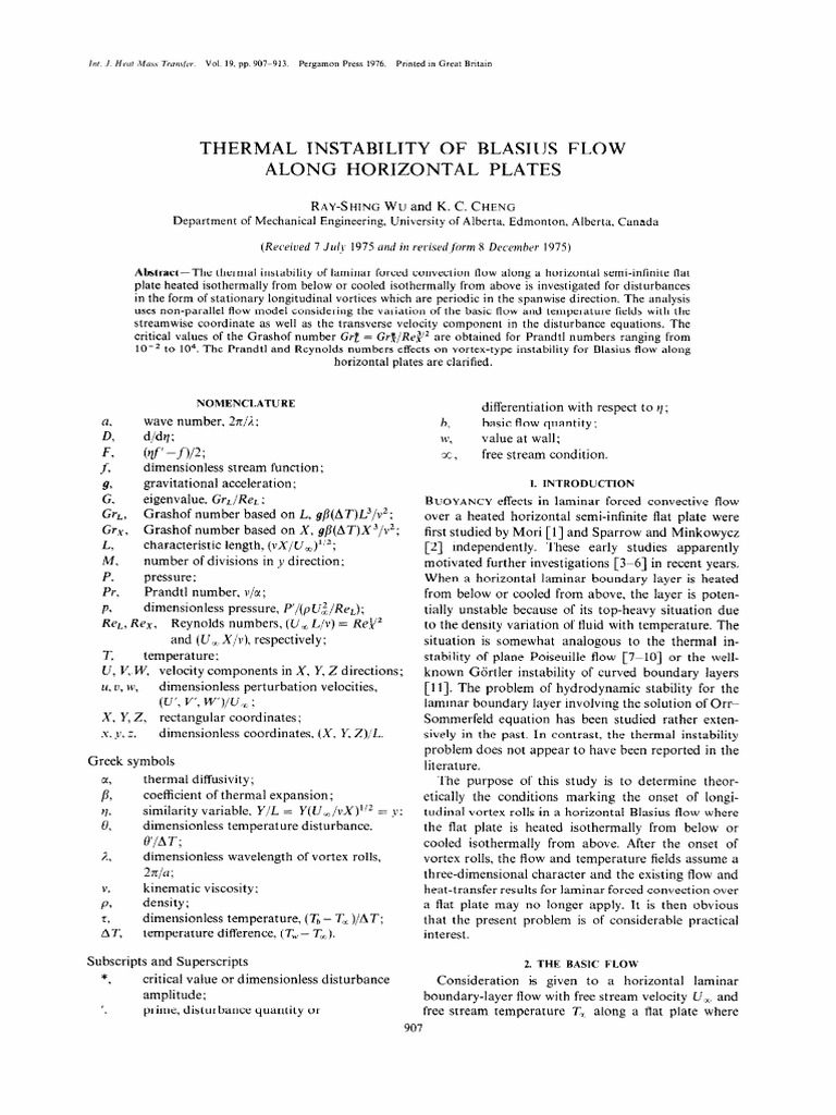Thermal Instability of Blasius Flow Along Horizontal Plates | PDF ...