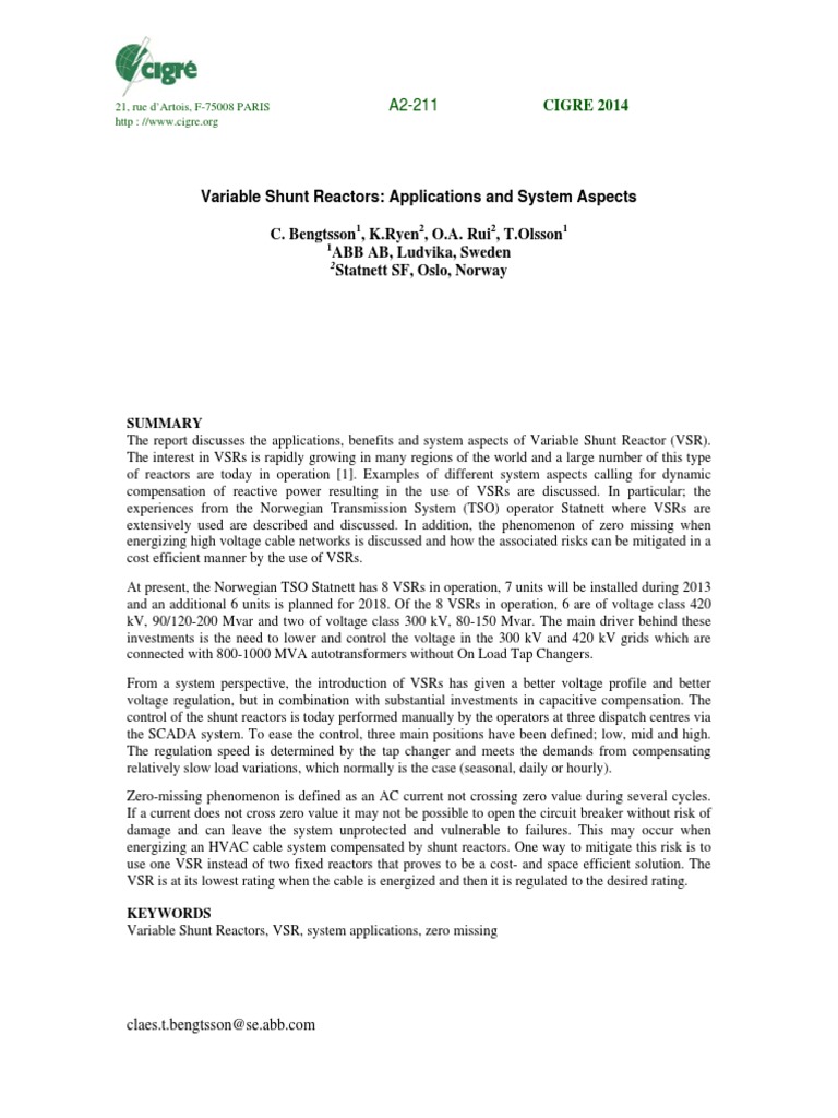 Variable Shunt Reactors Cigre2014 A2 211 2014 | PDF | Electric Power Transmission | Electrical Grid