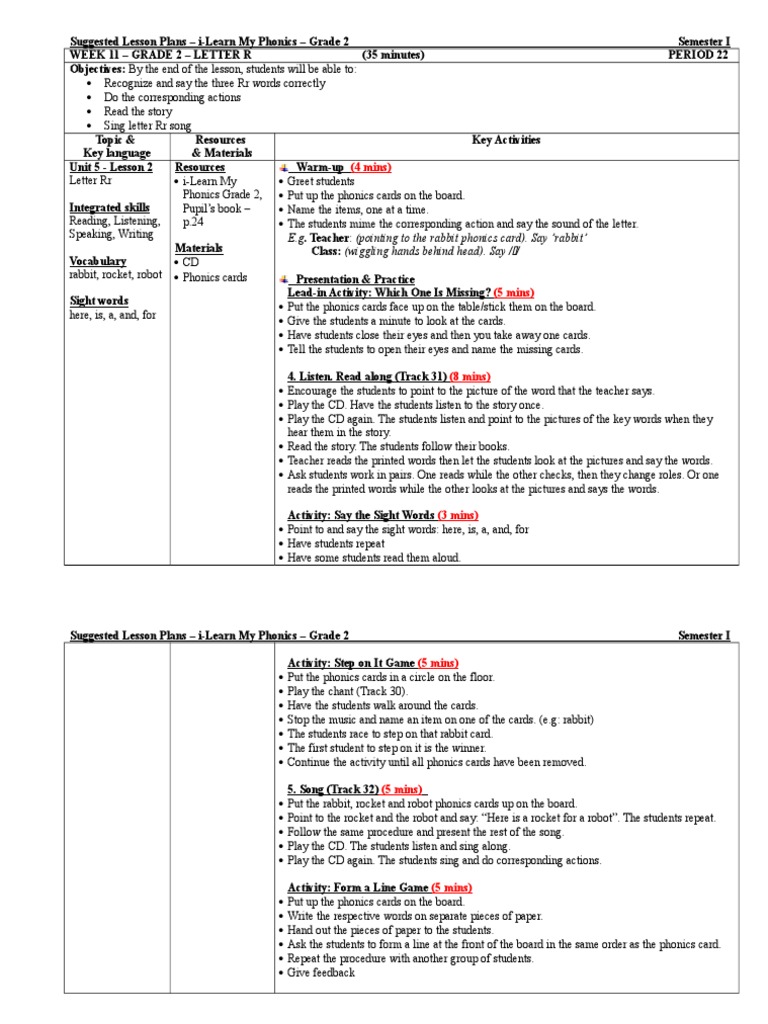 ILMP Grade 2 Unit 5 Lesson 2 Period 22 | PDF | Phonics | Lesson Plan