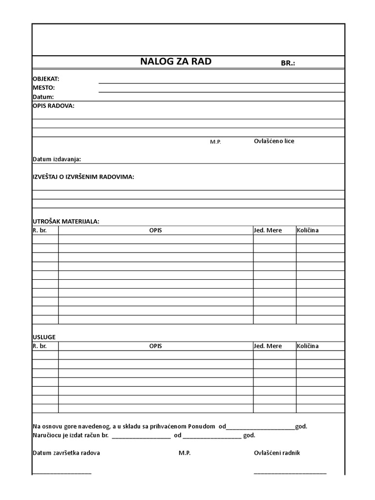 Radni Nalog - Šablon | PDF