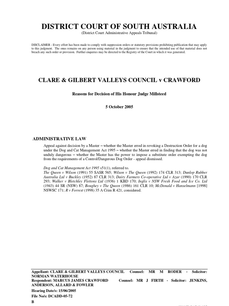 Clare & Gilbert Valleys Council V Crawford | PDF | Manslaughter | Dogs