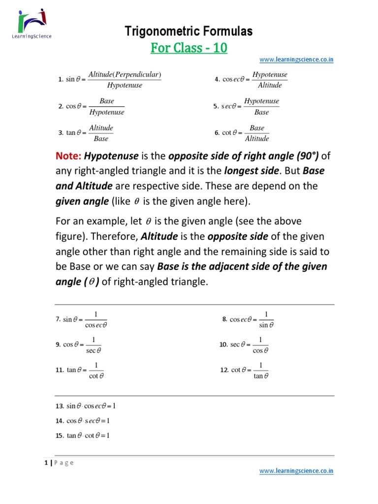 Basic Trigonometriy Formulas For Class 10 | PDF | Trigonometric ...