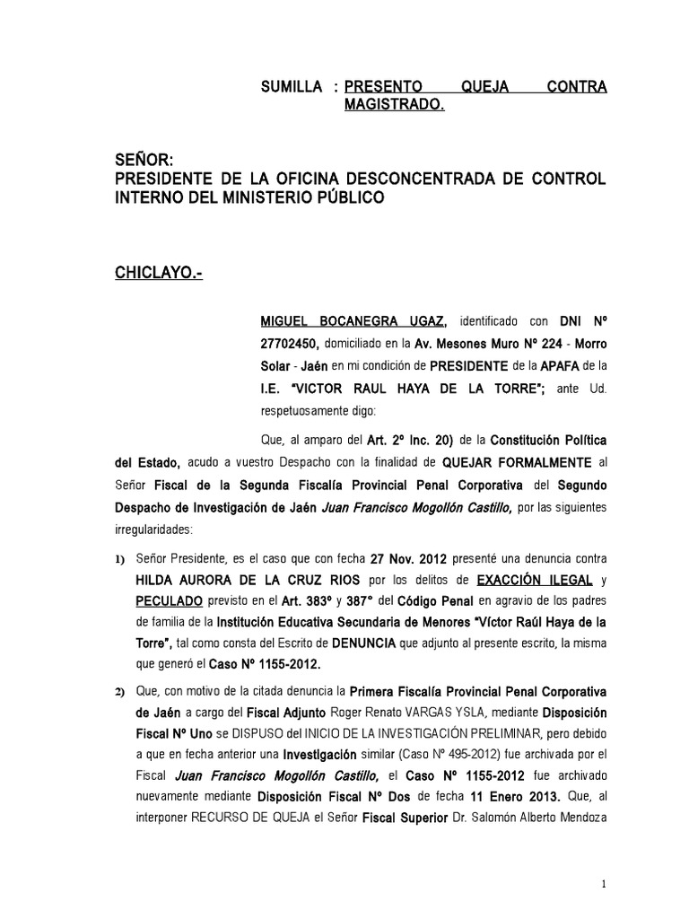 Modelo Queja A Fiscal Fiscal Derecho Penal