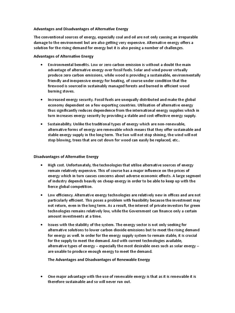 Advantages and Disadvantages of Alternative Energy | PDF | Energy ...