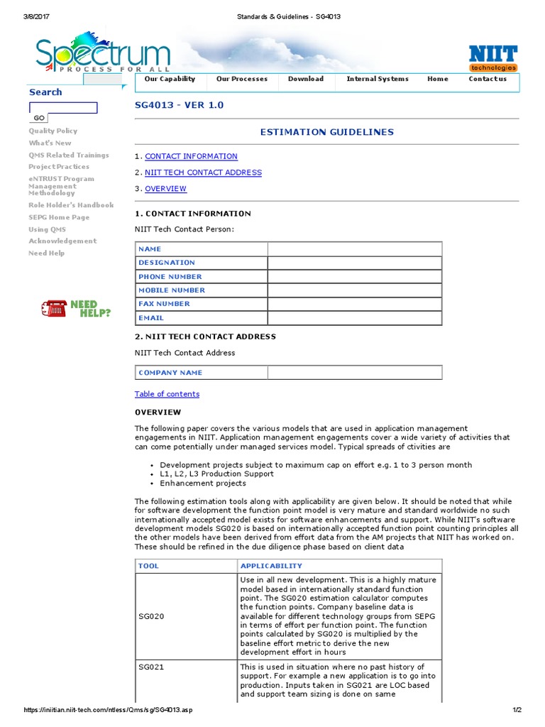 Search SG4013 VER 1.0 Estimation Guidelines: Contact Information Niit ...