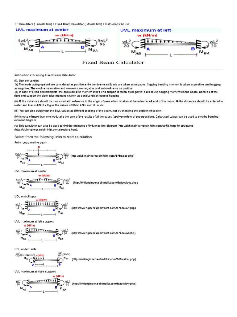 Calculator For Engineers - Instructions For Fixed Beam - Bending Moment ...