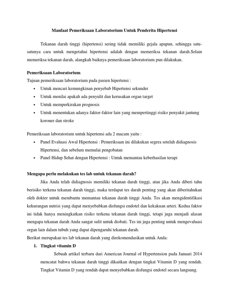 Manfaat Pemeriksaan Laboratorium Untuk Penderita Hipertensi | PDF