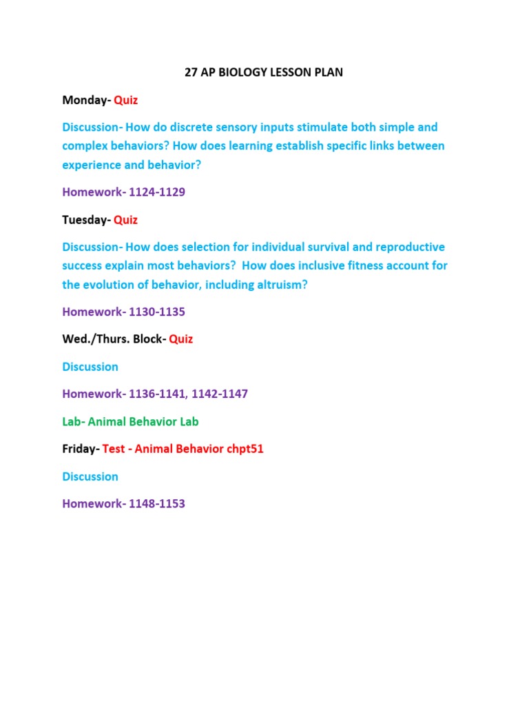 27 Ap Biology Lesson Plan Monday-: Homework-1124-1129 | PDF