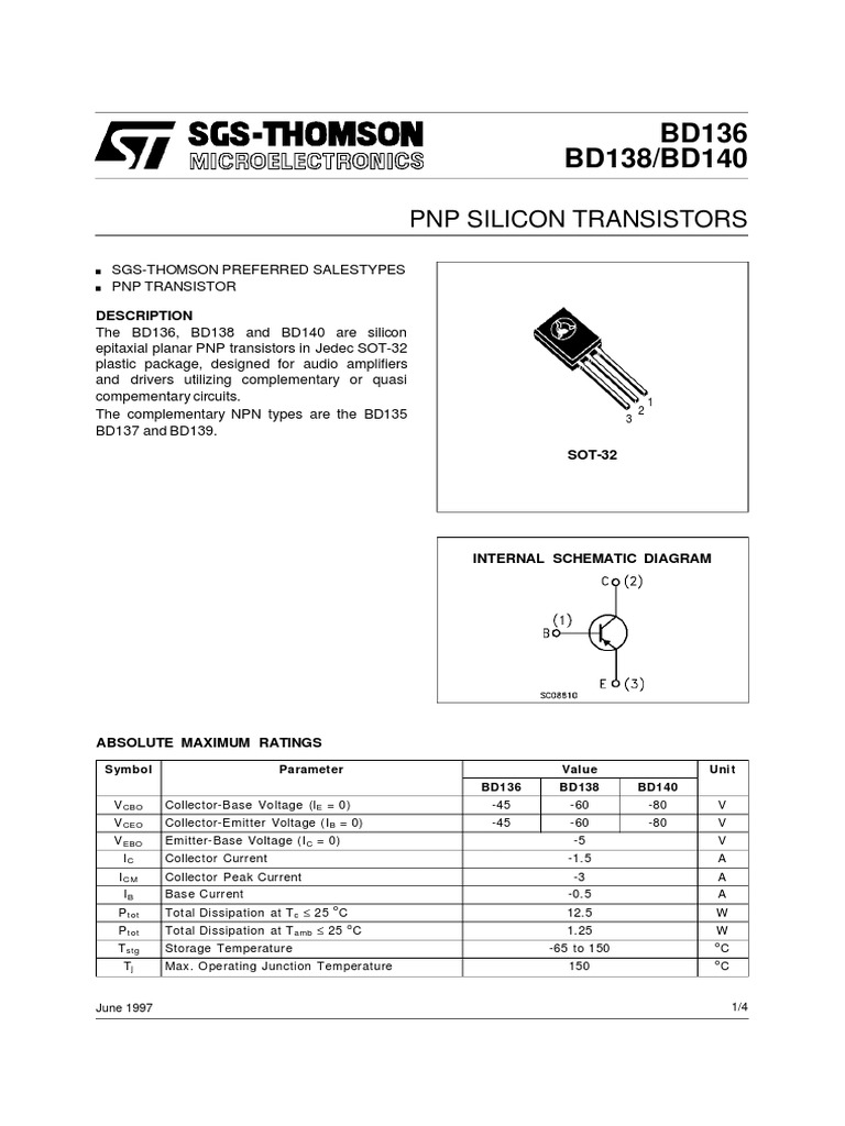 Datasheet bd140 PDF | PDF | Bipolar Junction Transistor | Electronic ...