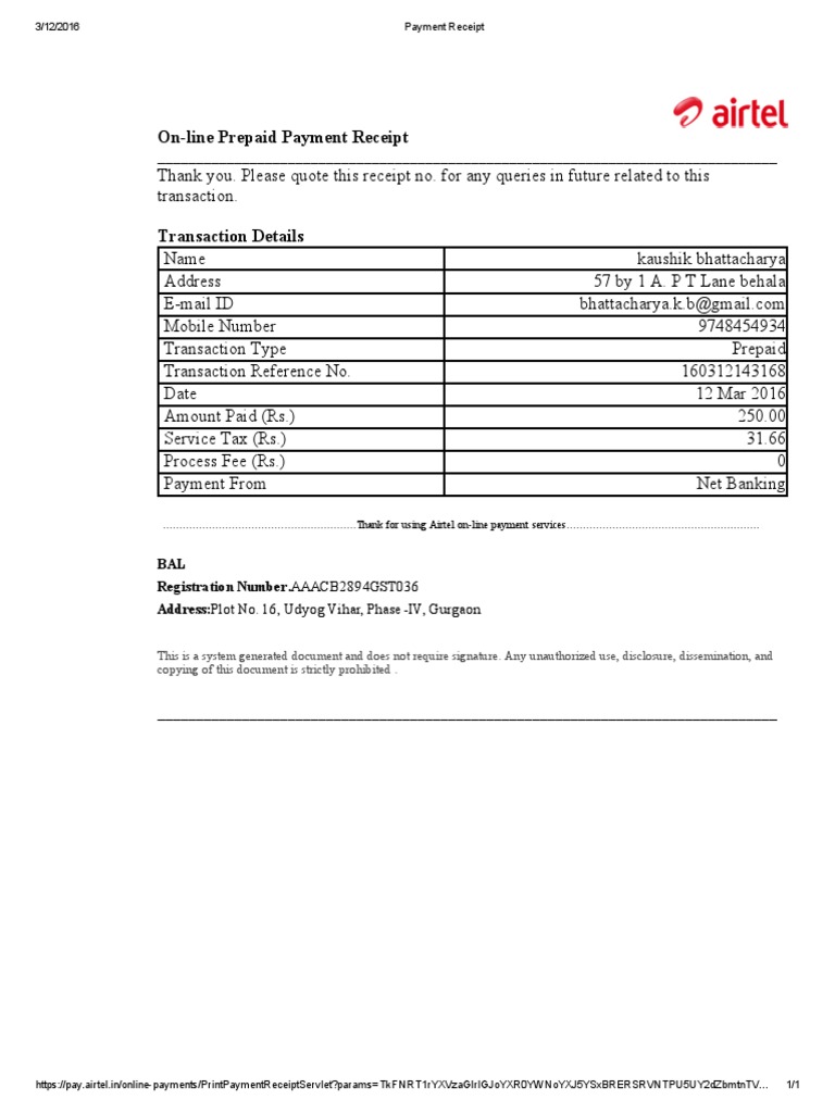 AIRTEL.12mar16.Payment Receipt | PDF | Receipt | Payments