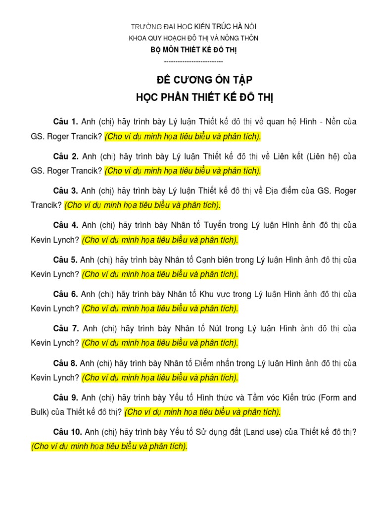 De Cuong On Tap Thiet Ke Do Thi - Quy Hoach | PDF