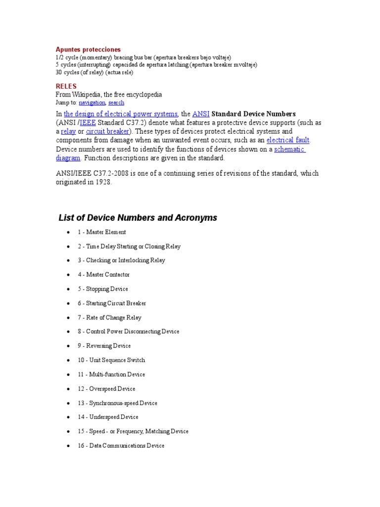List of Device Numbers and Acronyms | PDF | Relay | Switch