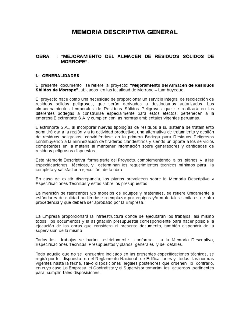 Memoria Descriptiva Almacén Residuos Solidos | PDF | Fundación (Ingeniería) | Residuos