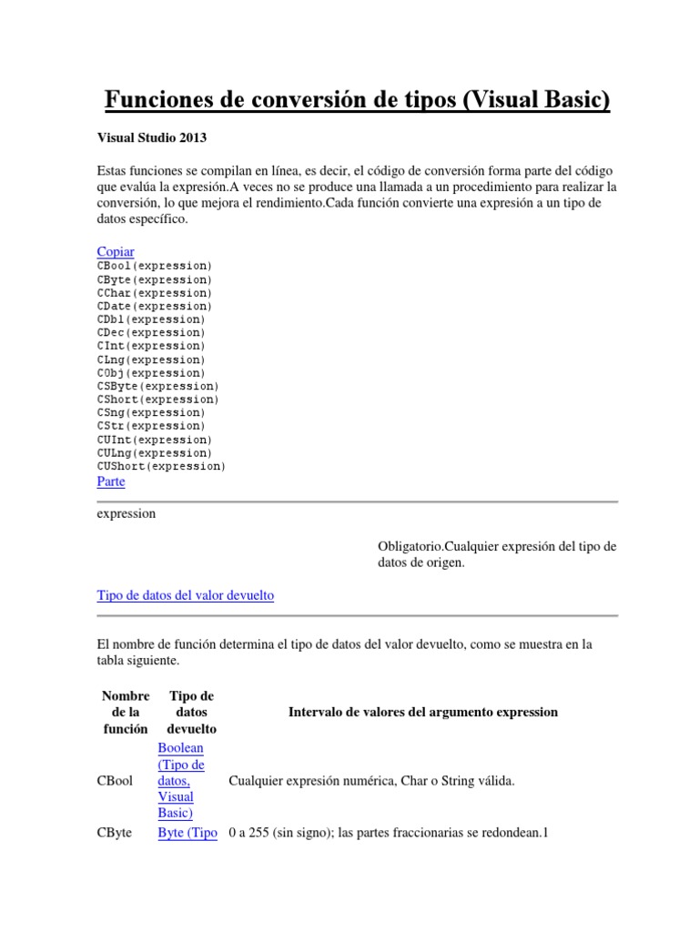 Funciones de Conversión de Tipos en VS2013 | Descargar gratis PDF ...