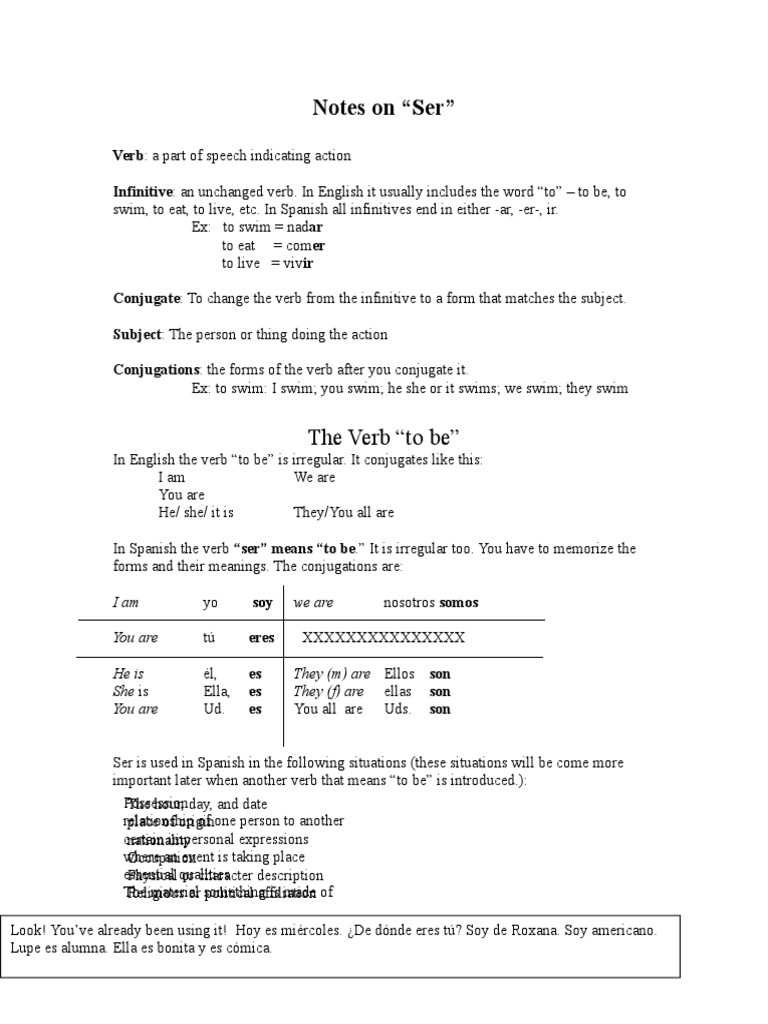 Notes On "Ser": The Verb "To Be" | PDF | Grammatical Conjugation | Verb