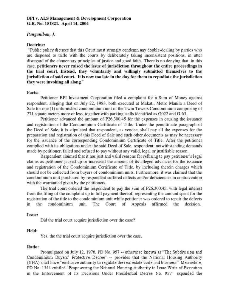 BPI V ALS Management & Development Corp | PDF | Estoppel | Laches (Equity)