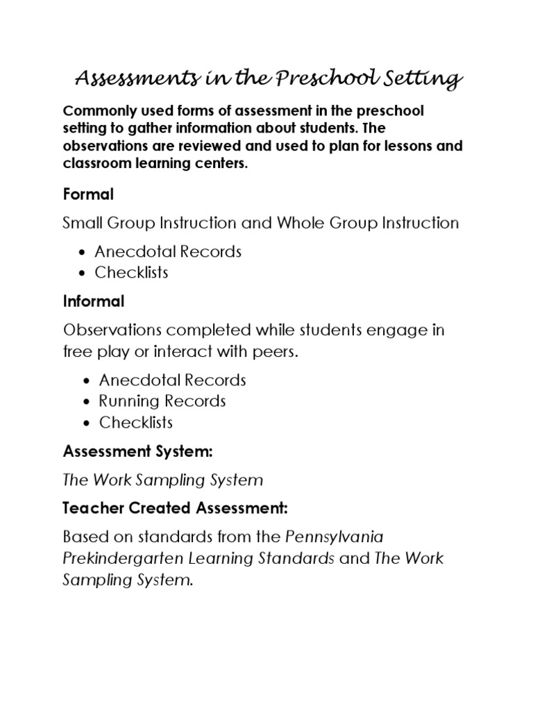 Assessments in The Preschool Setting | PDF