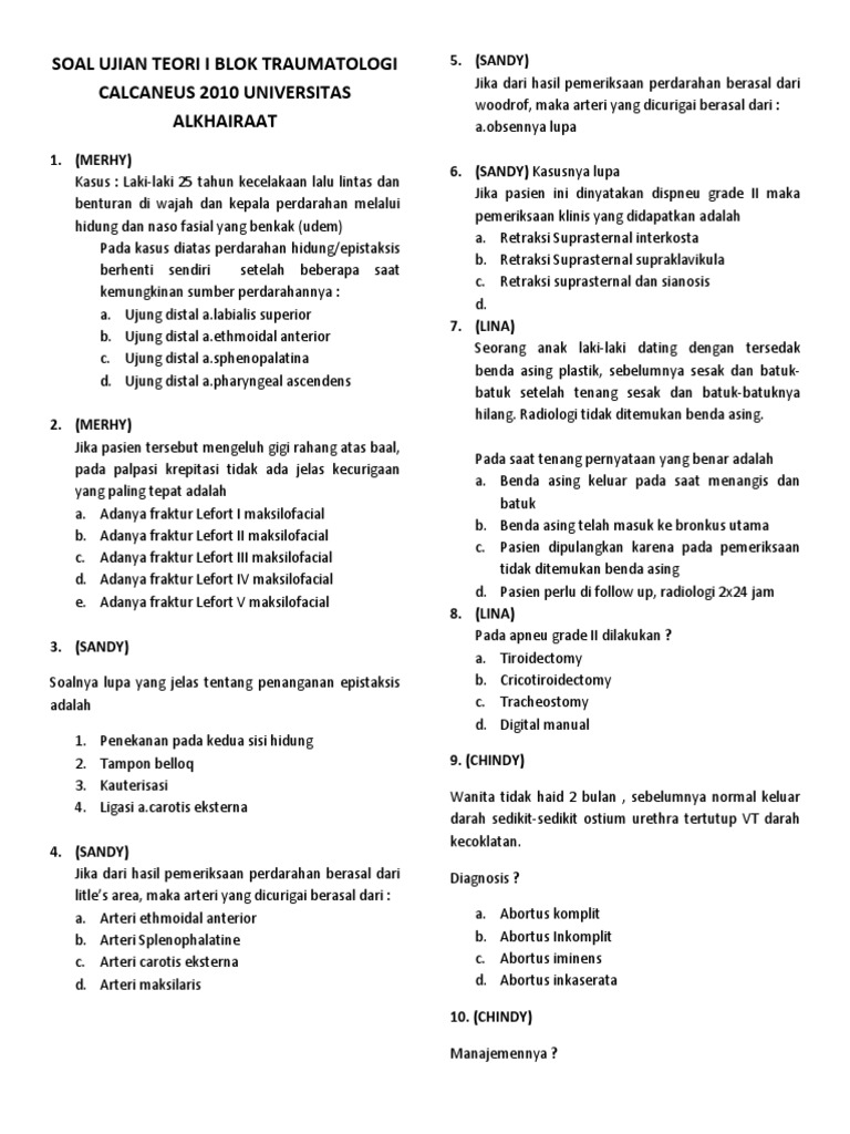 Soal Ujian Teori I Blok Traumatologi | PDF