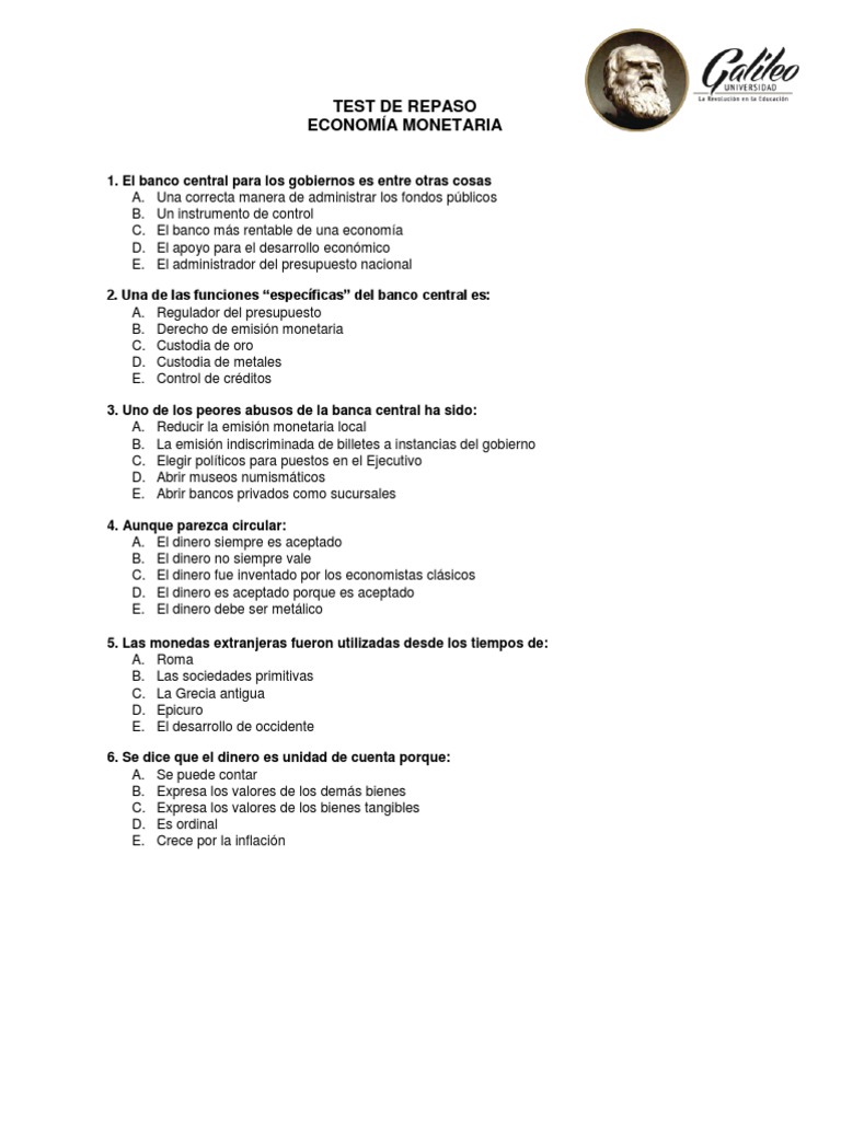 Test de Repaso: Economía Monetaria | PDF | Dinero | La política monetaria