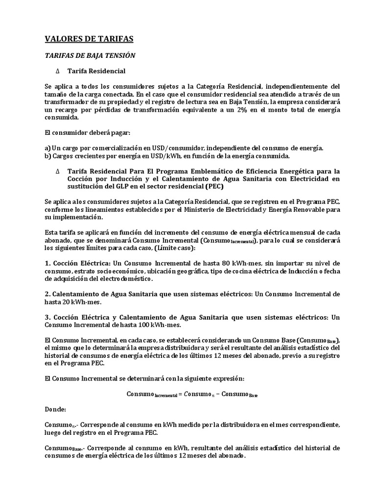 Valores de Tarifas Electricas Ecuador | PDF | Vatio | Energia electrica