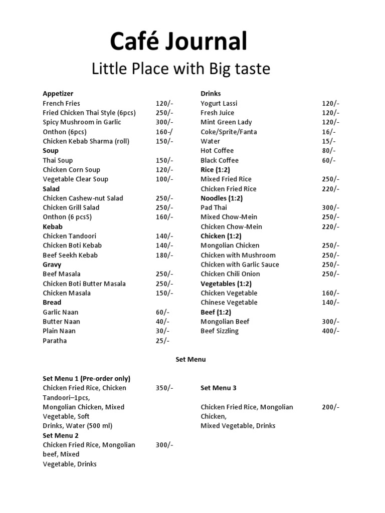 Café Journal: Menu & Prices Overview | PDF | Kebab | Thai Cuisine