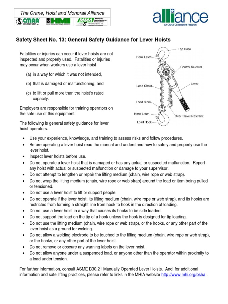 Safety Sheet No. 13: General Safety Guidance For Lever Hoists | PDF ...