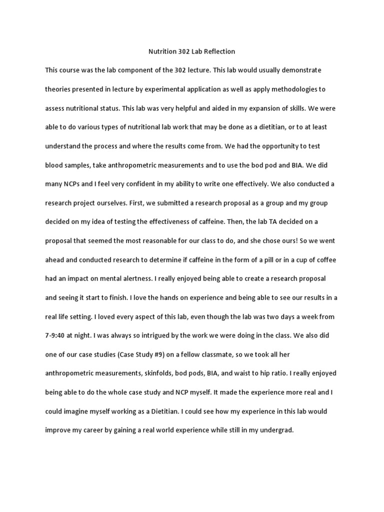 Nutrition 302 Lab Reflection | PDF